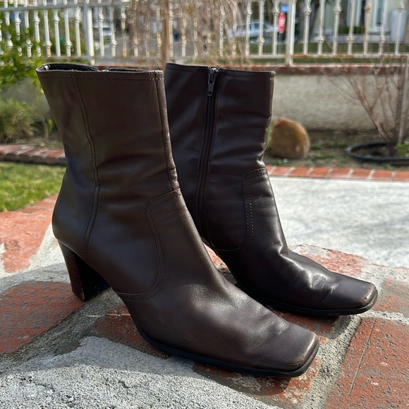 Shoes | Brown Patent Leather Above The Ankle Boots With Squared Off ...